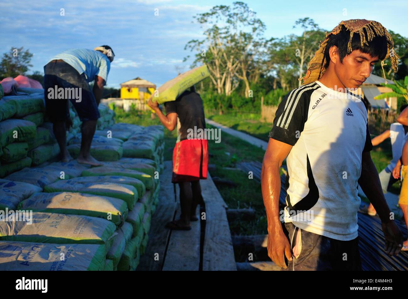 Cement downloading in Panguana. Department of Loreto .PERU Stock Photo ...