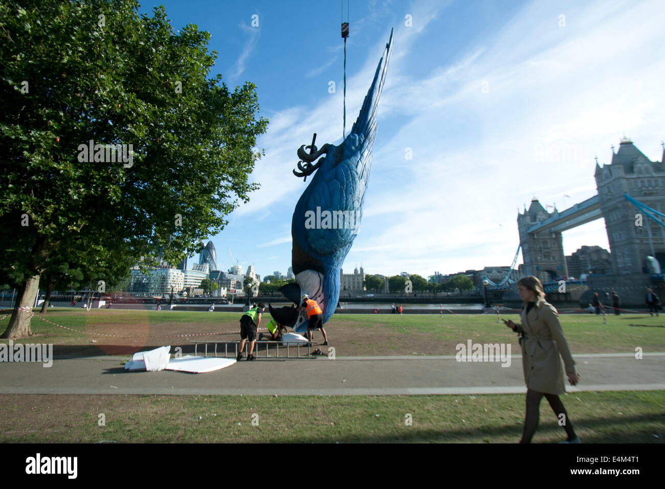 London, UK. 14th July 2014. A giant sculpture of a dead blue parrot ...