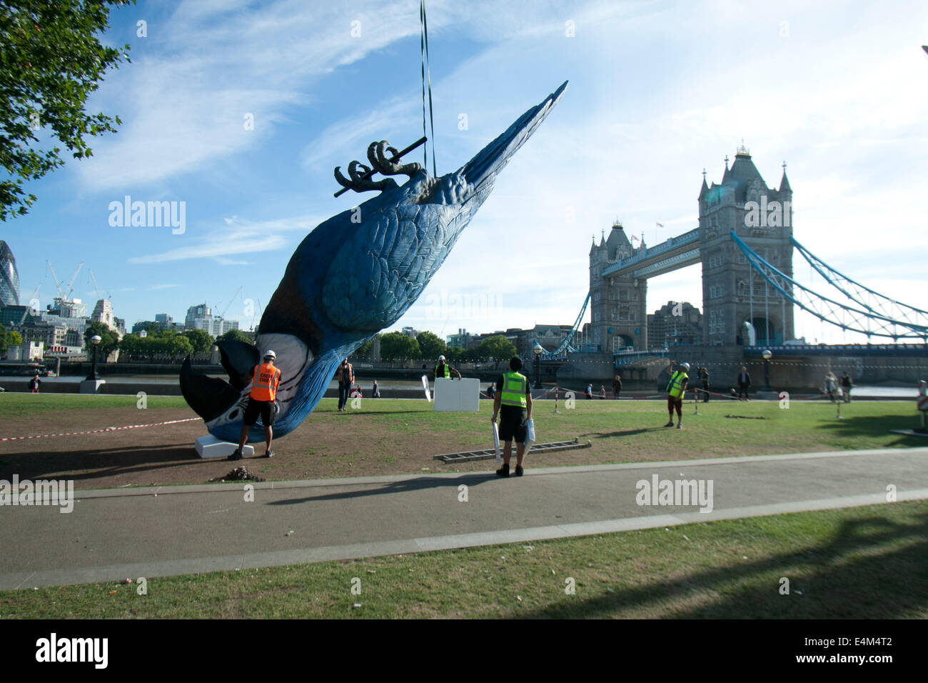 London, UK. 14th July 2014. A giant sculpture of a dead blue parrot ...