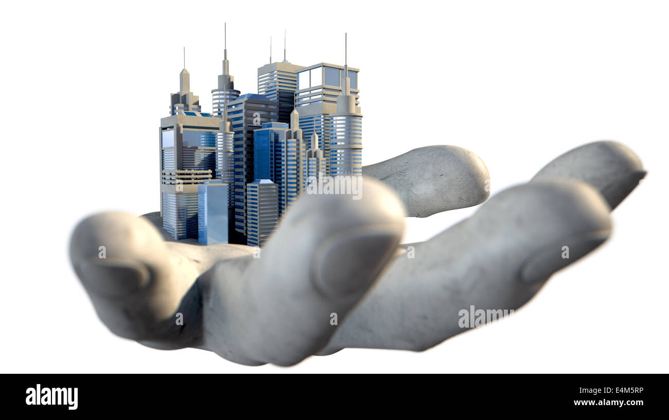 A small modern looking city nestled in the palm of an open hard hand on ...