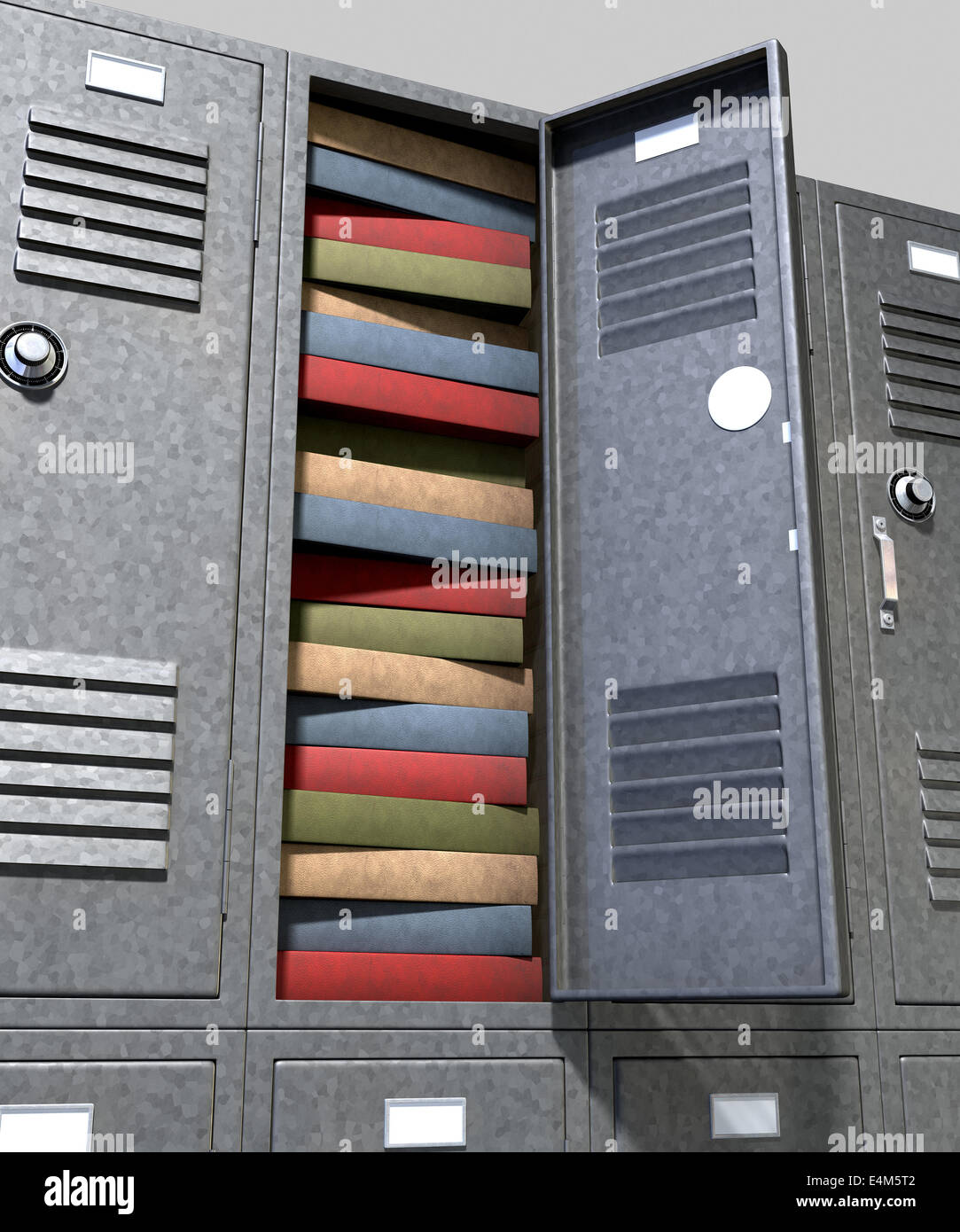 A perspective view of a stack of grey metal school lockers with ...