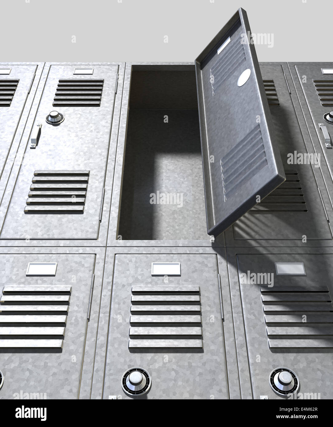 A perspective view of a stack of grey metal school lockers with ...