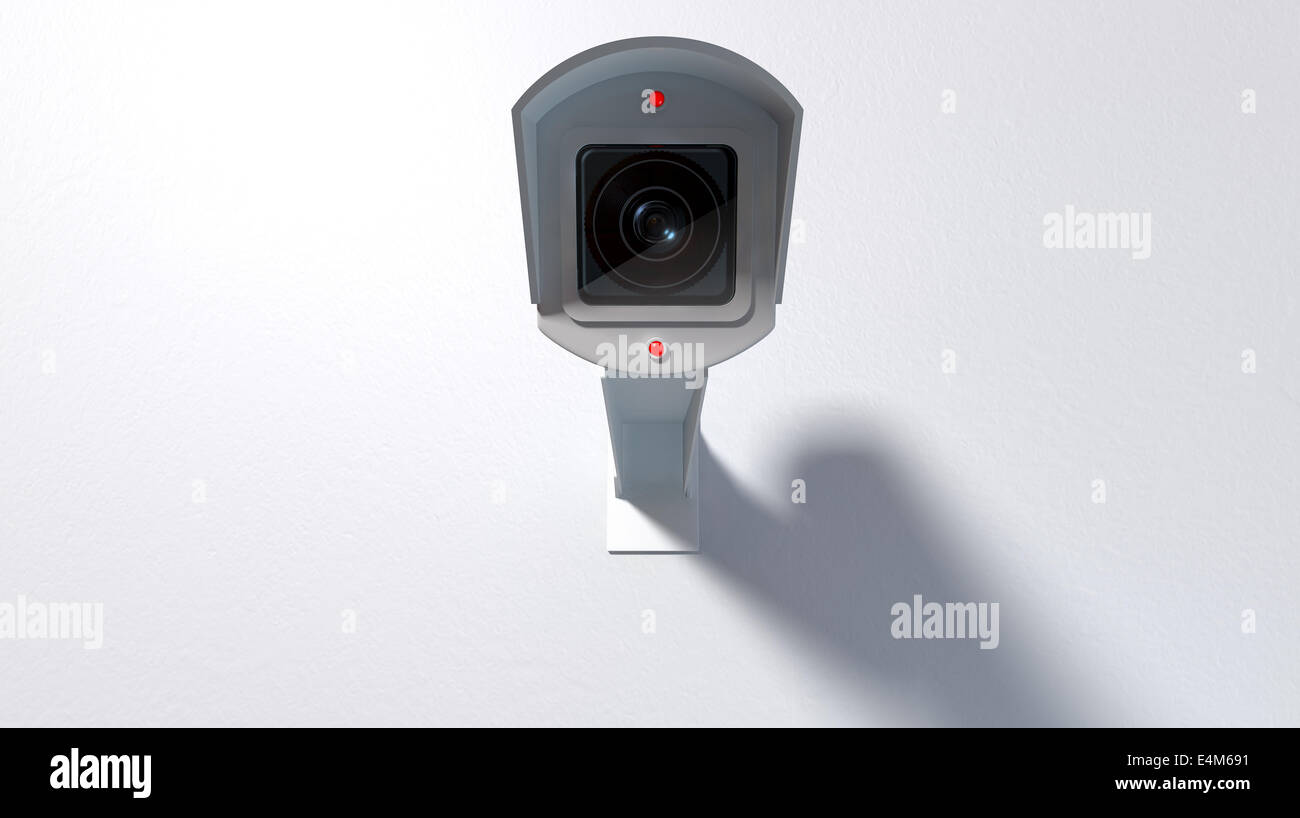 A white wireless surveillance camera with illuminated lights mounted on ...