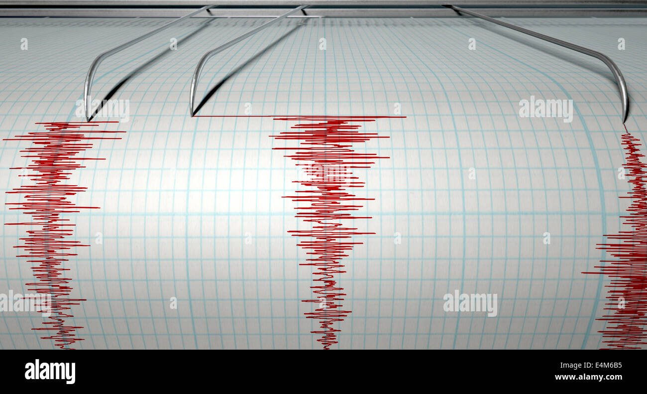 A closeup of a seismograph machine needle drawing a red line on graph ...