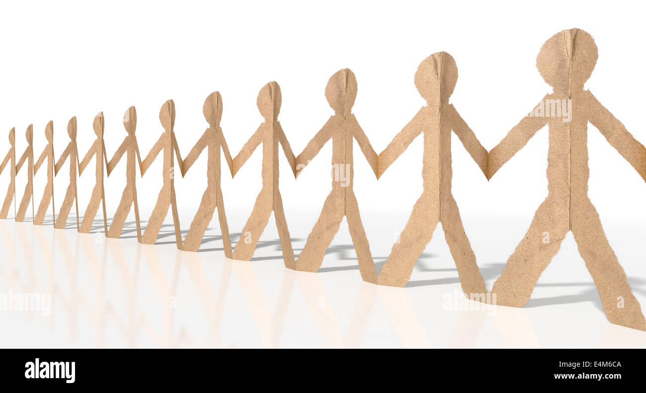 A long row of brown cardboard cutout men on an isolated white studio ...