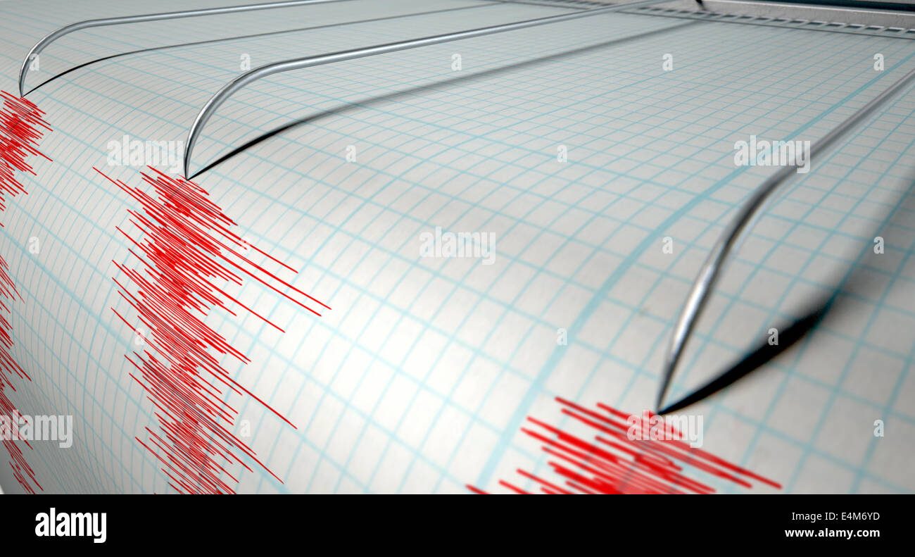 A closeup of a seismograph machine needle drawing a red line on graph ...