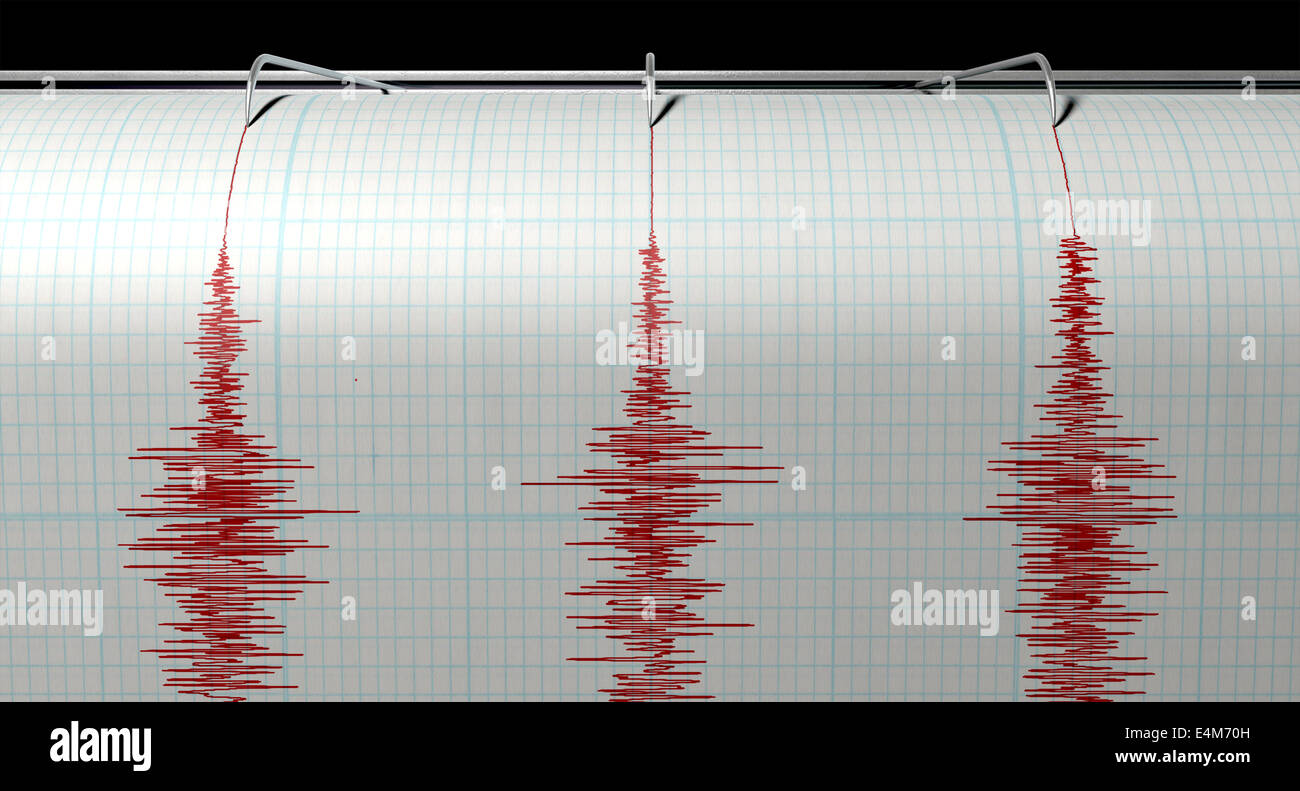 A closeup of a seismograph machine needle drawing a red line on graph ...