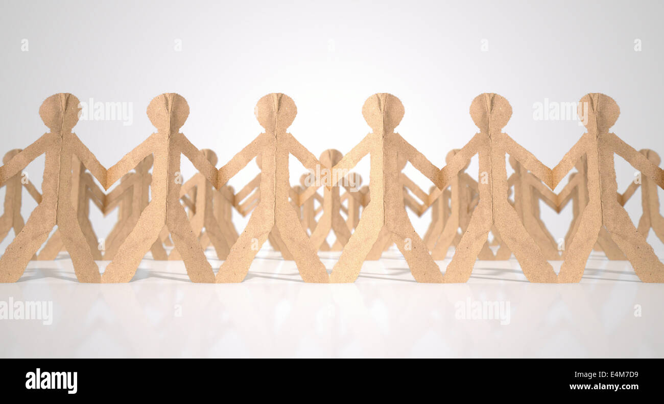 A collection of long rows of brown cardboard cutout men on an isolated ...