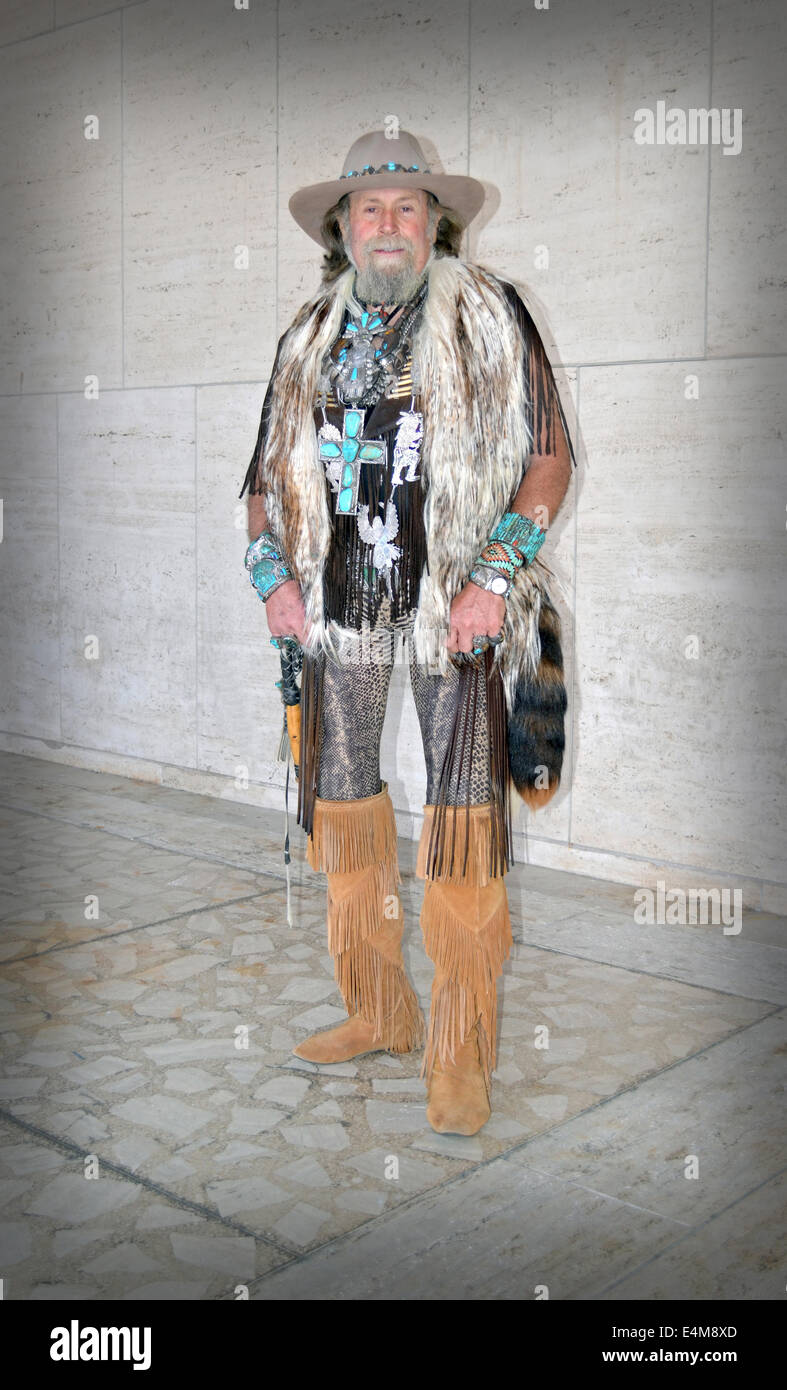 Portrait of a man in an extreme elaborate outfit at Fashion Week in New ...