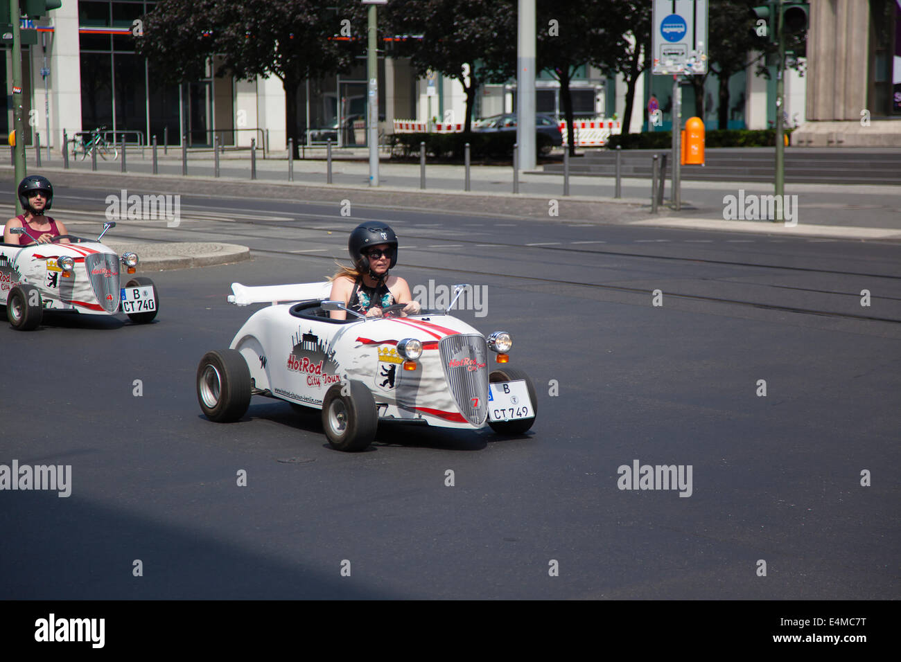 Germany, Berlin, Mitte, Tour of city in miniature drag racing cars ...