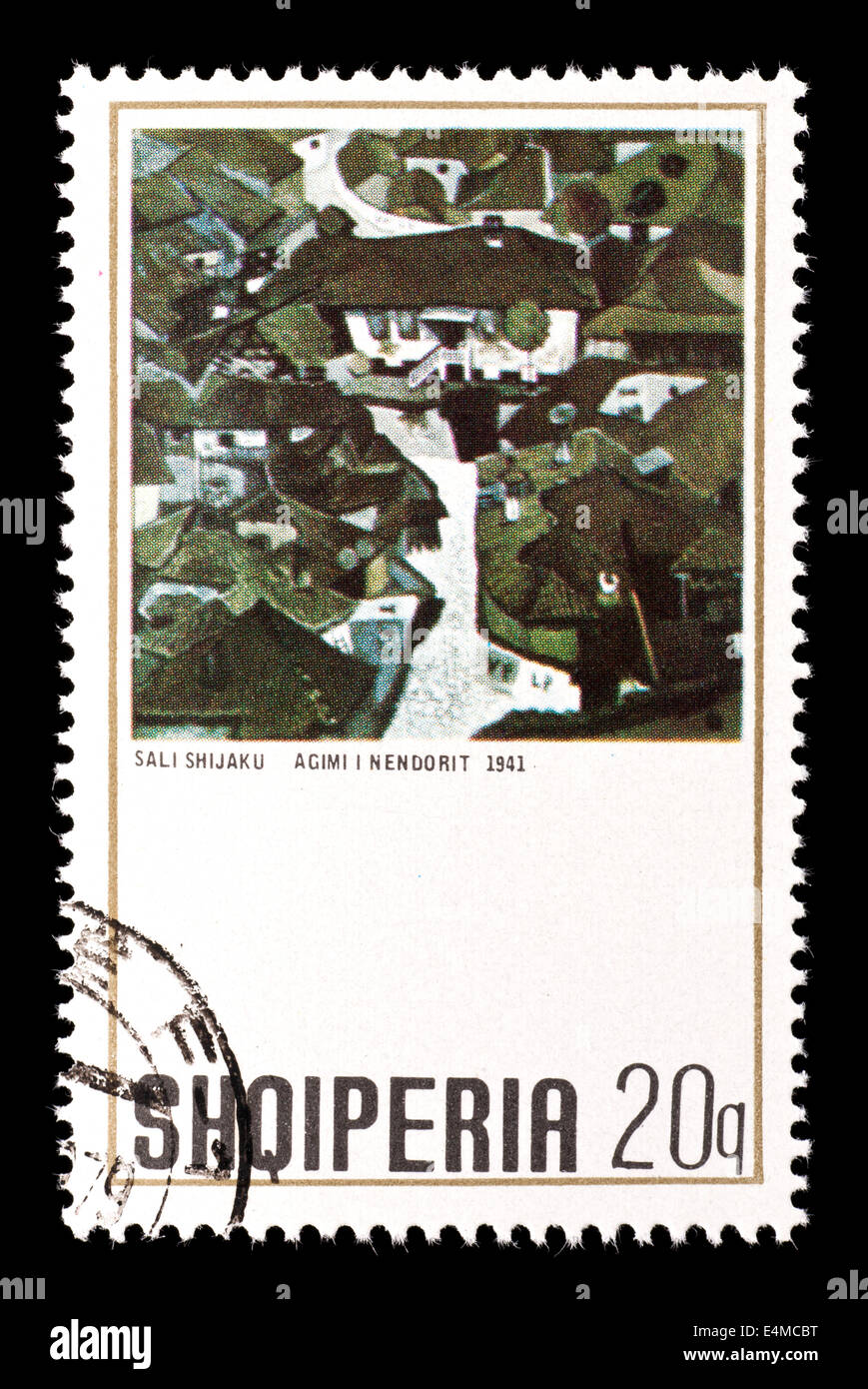 Postage stamp from Albania depicting a Saliu Shijaku painting of "View ...