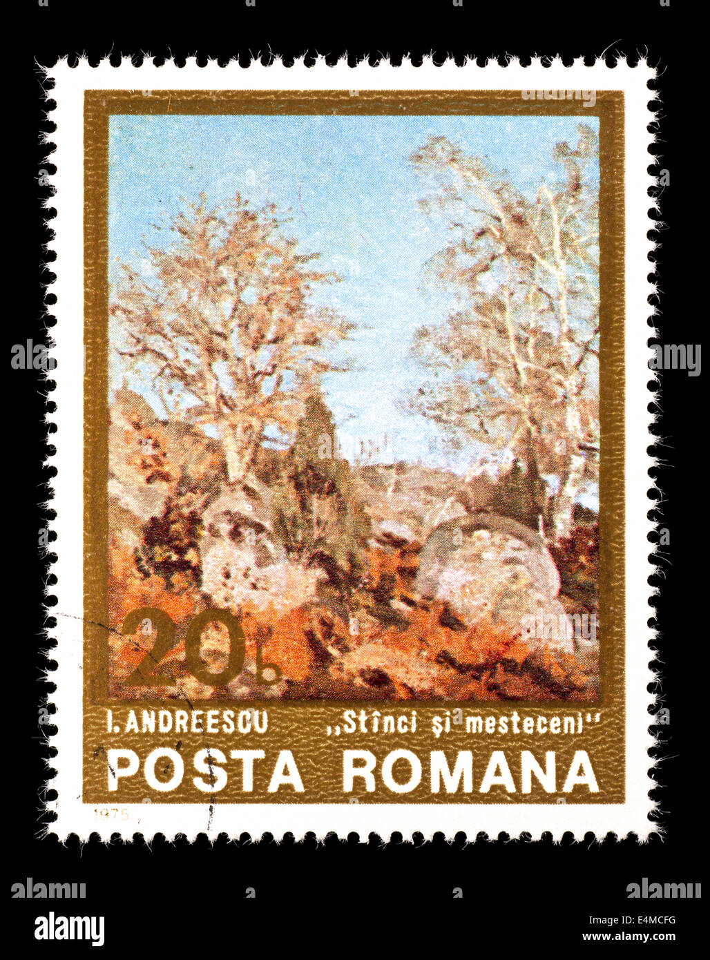 Postage stamp from Romania depicting the Ion Andreescu painting "Rocks ...