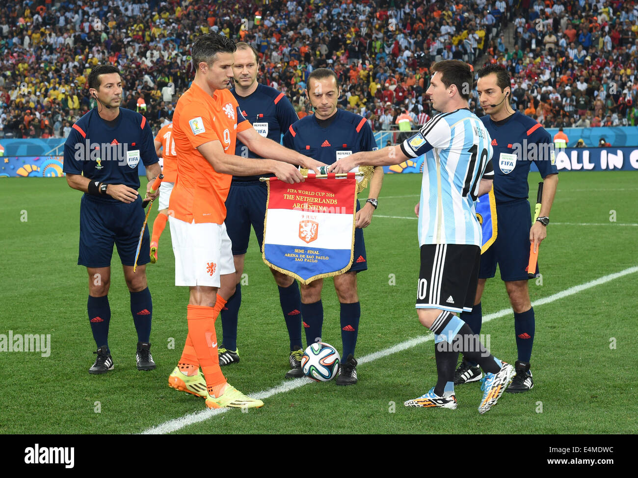 Sao Paulo, Brazil. 9th July, 2014. Robin van Persie (NED), Lionel Messi ...