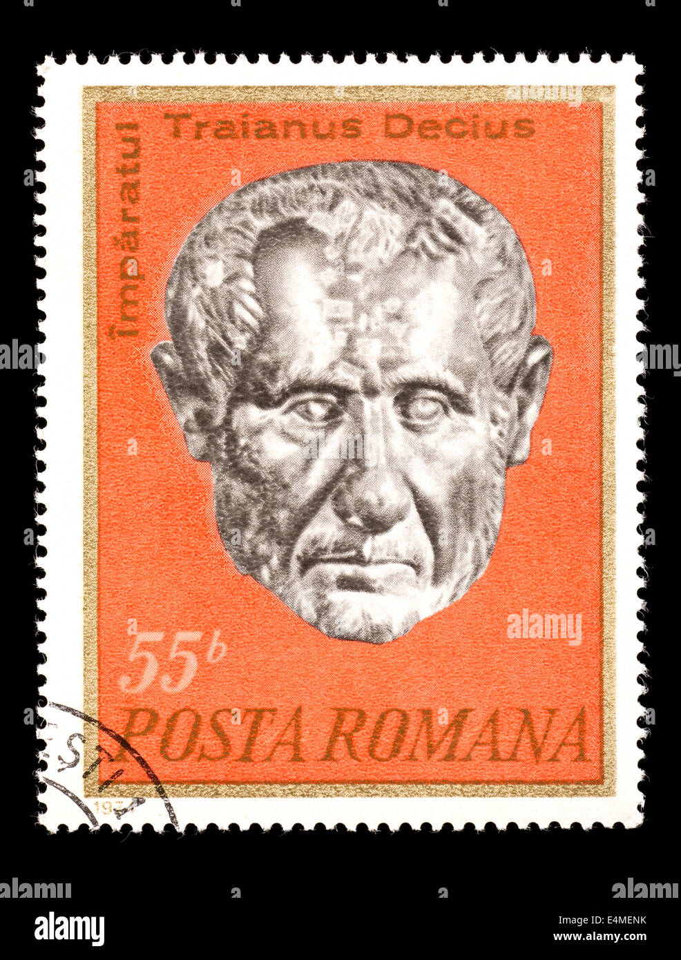 Postage stamp from Romania depicting a bronze bust of the Roman Emperor ...