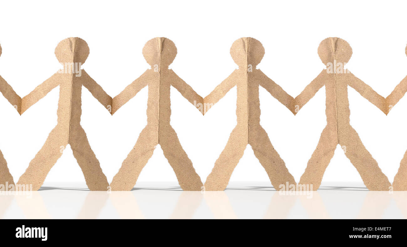 A long row of brown cardboard cutout men on an isolated white studio ...