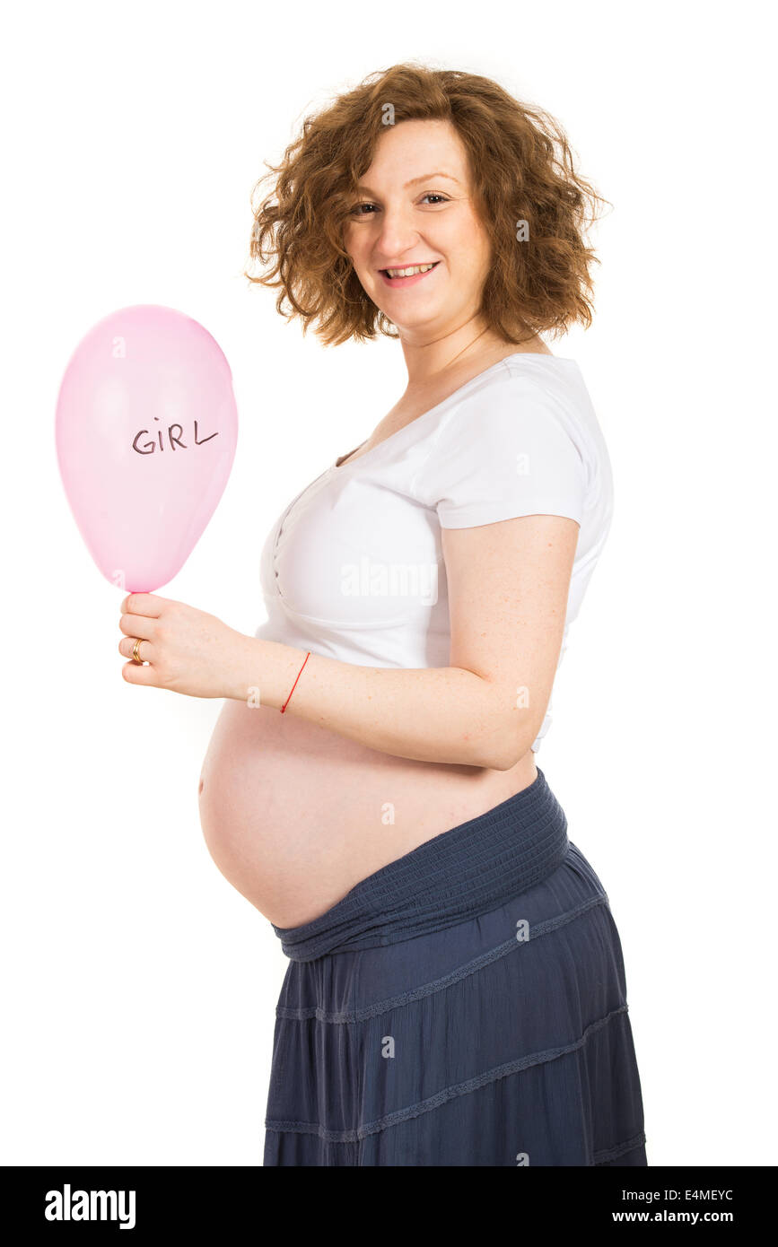 Happy pregnant woman holding pink balloon with message isolated on ...