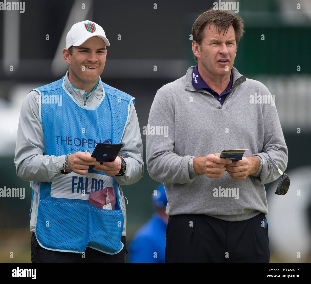 Hoylake, UK. 14th July, 2014. The Open. Sir Nick FALDO [ENG] and his ...