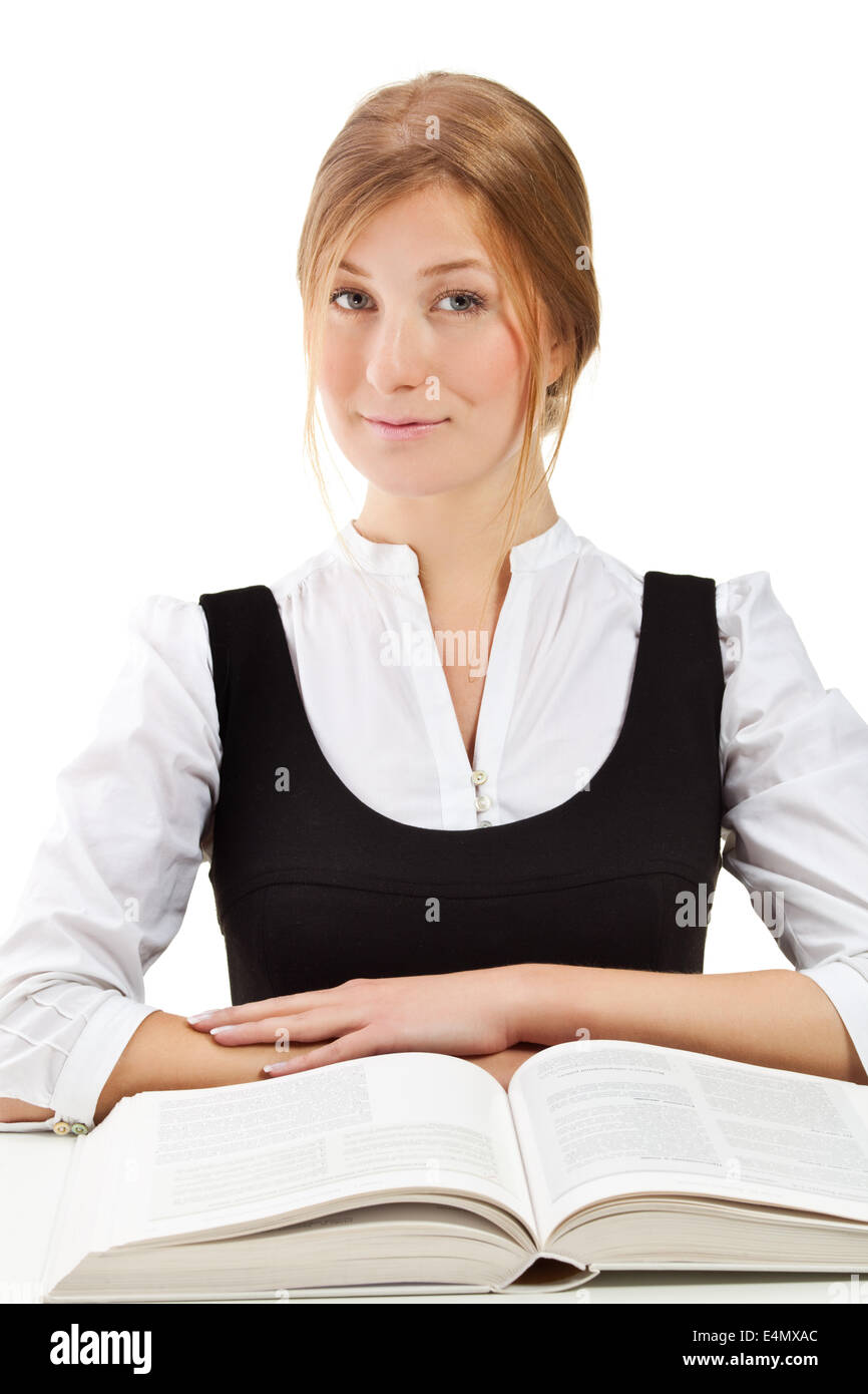 Beautiful blonde student woman with book Stock Photo - Alamy