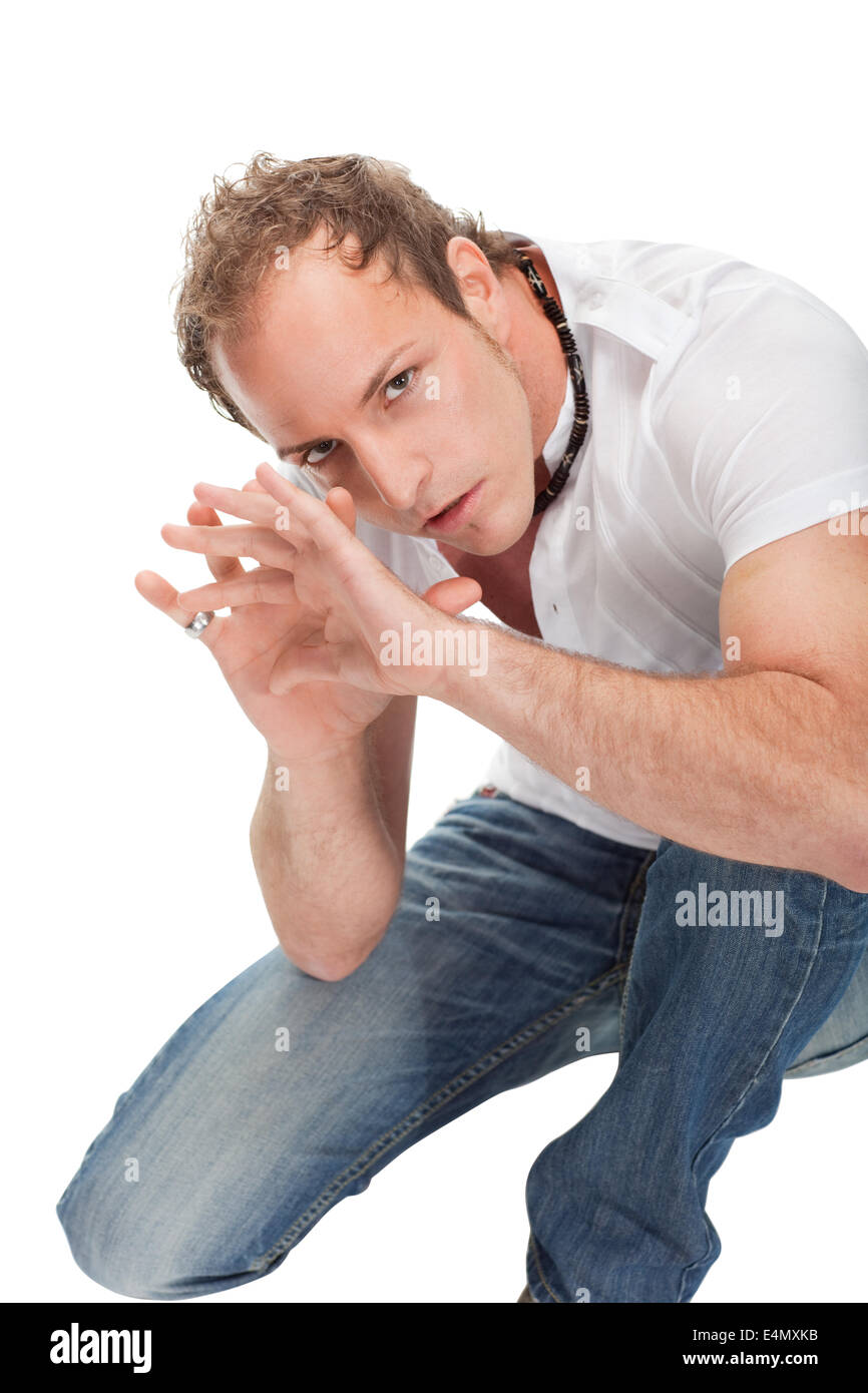 Portrait of young scared man gesturing Stock Photo - Alamy