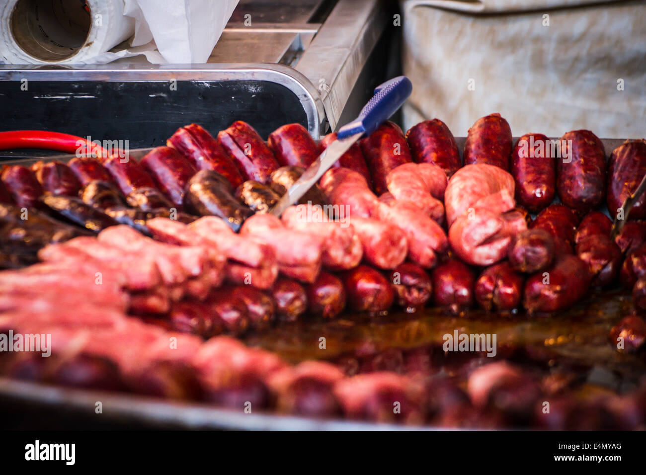 lots of sausages and chorizos in a medieval fair Stock Photo - Alamy