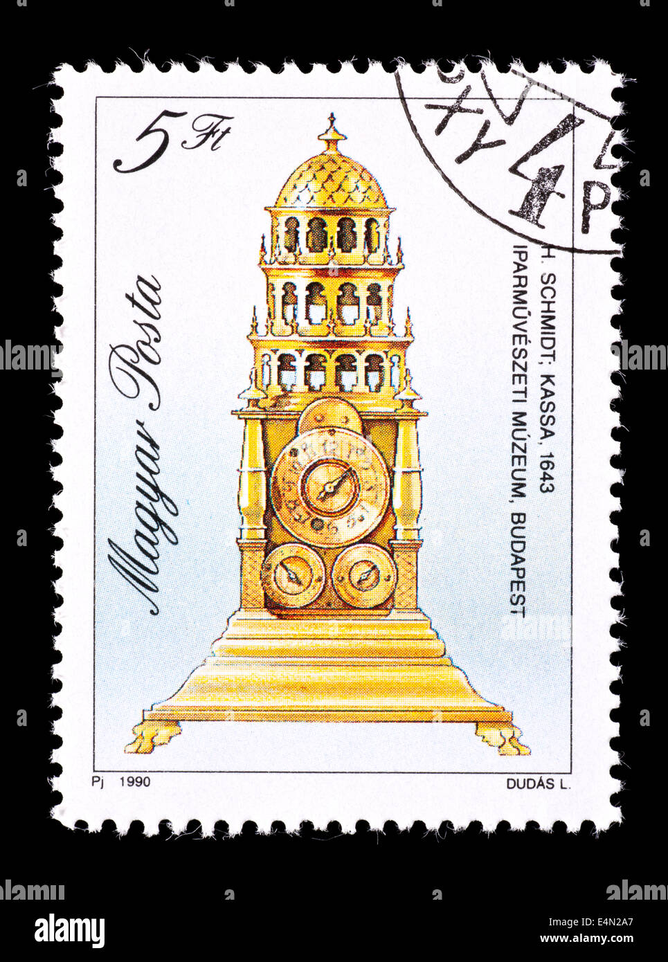 Postage stamp from Hungary depicting an antique table clock from 1543 ...