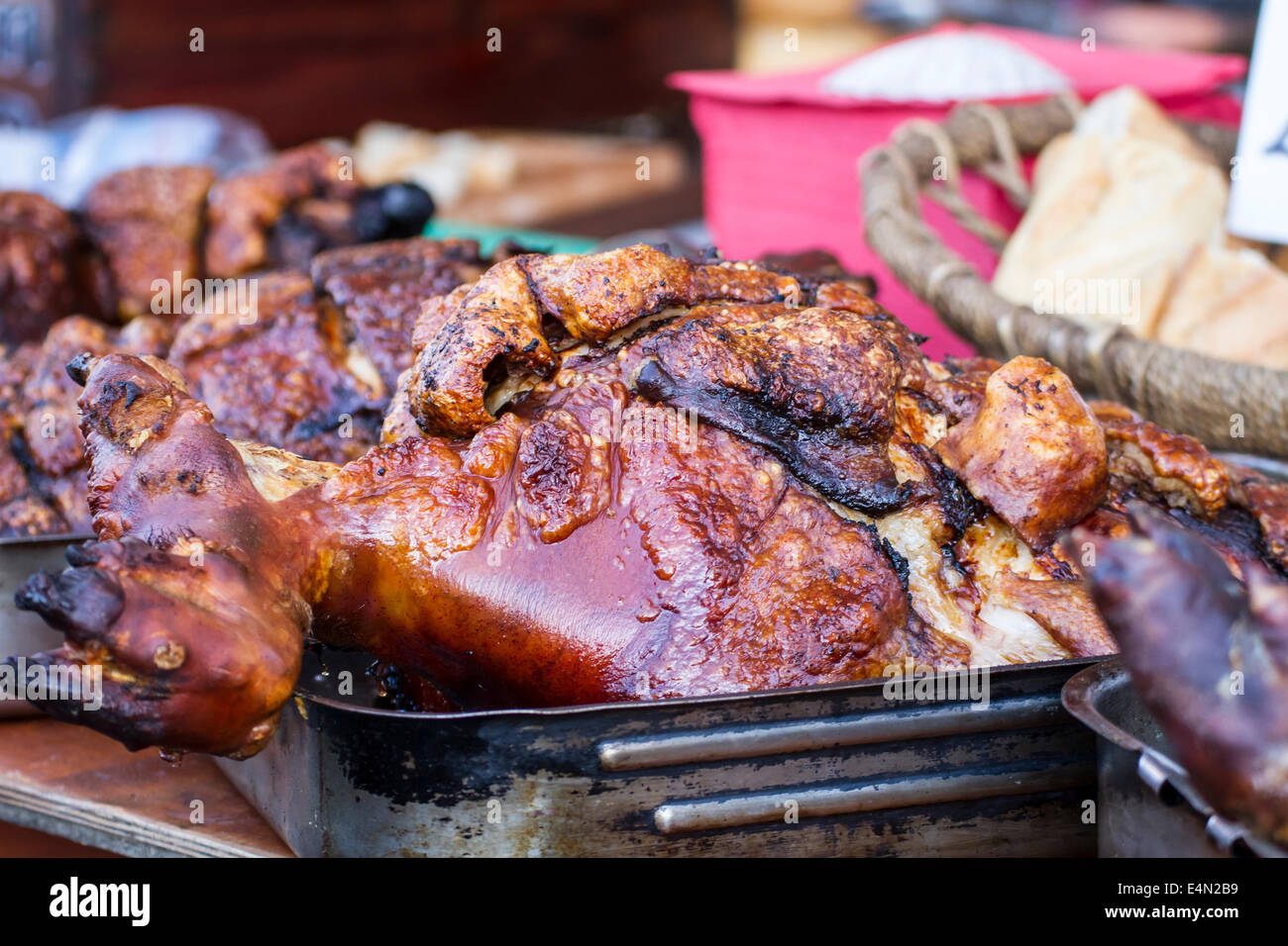 barbecue with sausages and lamb in a medieval fair, Spain Stock Photo ...