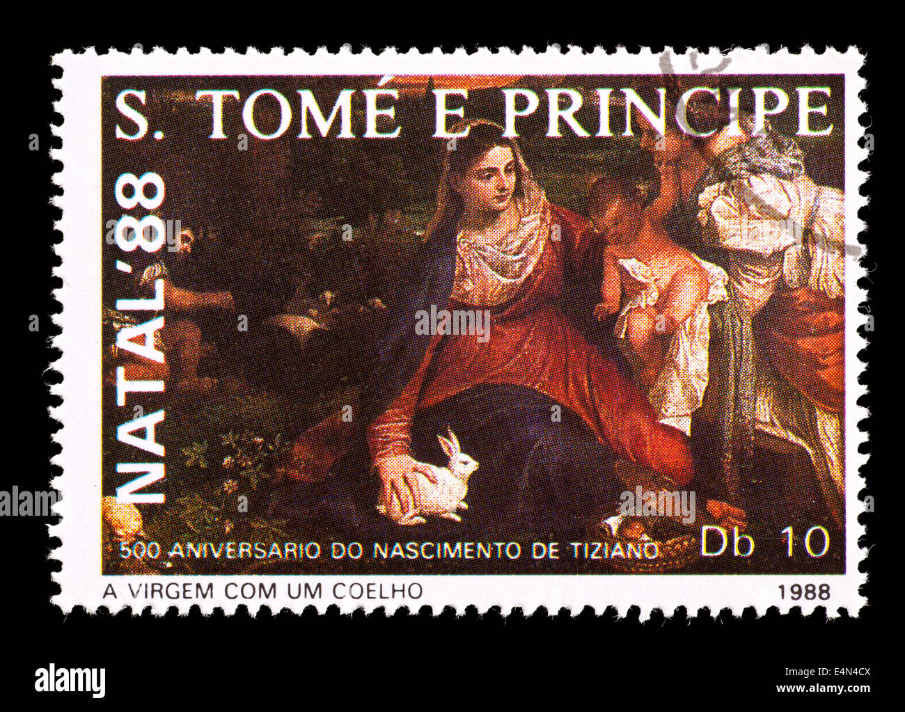 Stamp from the St Thomas and Prince Islands: Titian painting "Madonna ...