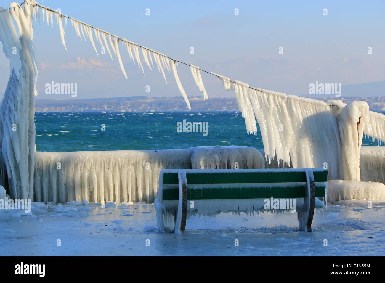 Frozen benches, Nyon, Switzerland Stock Photo - Alamy