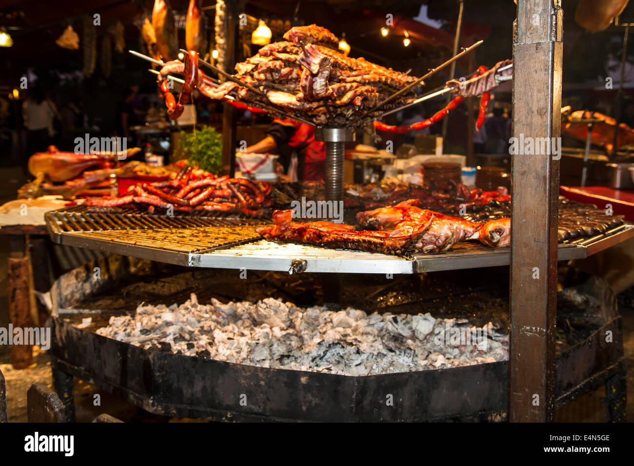 barbecue with sausages and lamb in a medieval fair, Spain Stock Photo ...