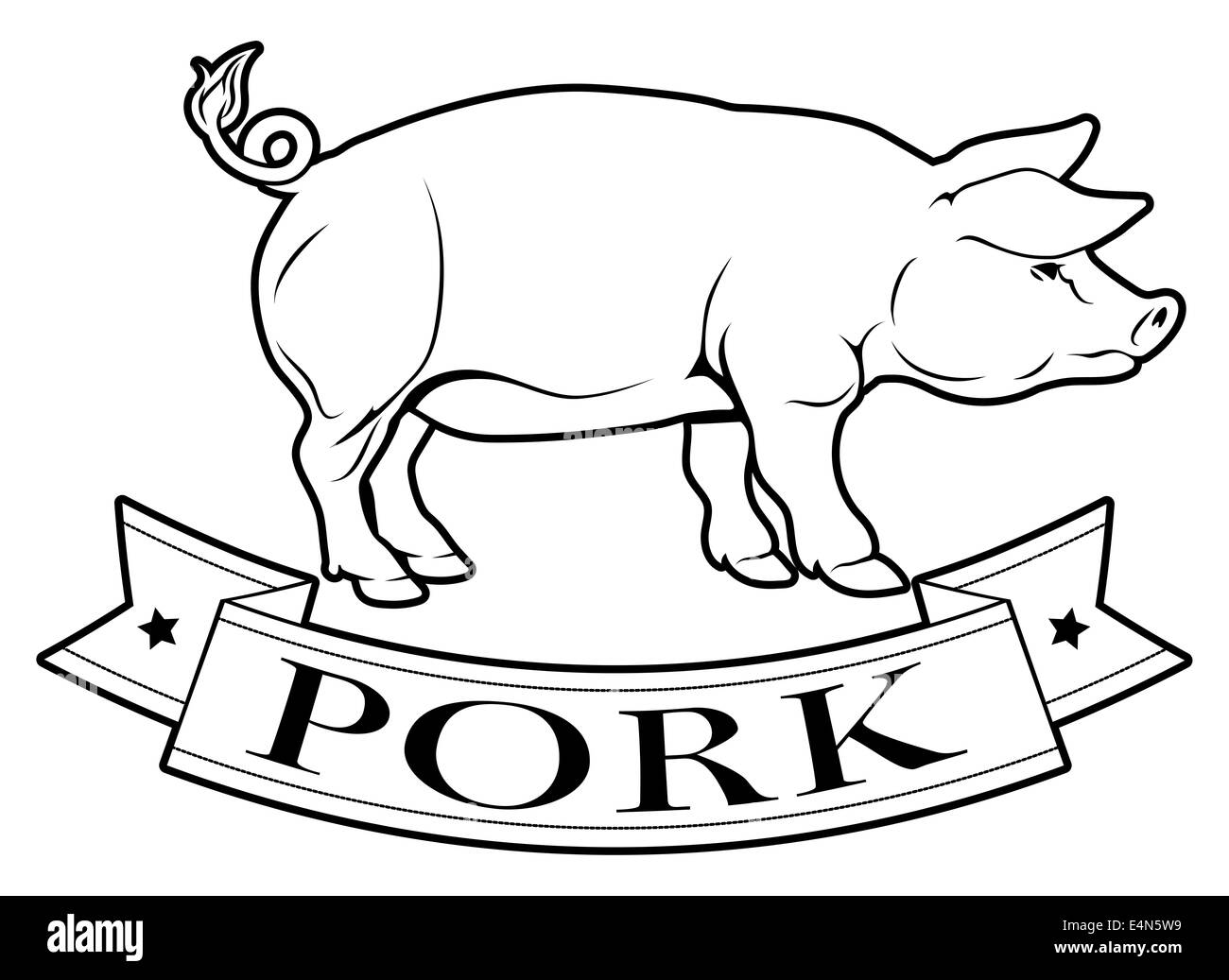 Pork food label of a pig and banner reading pork Stock Photo - Alamy