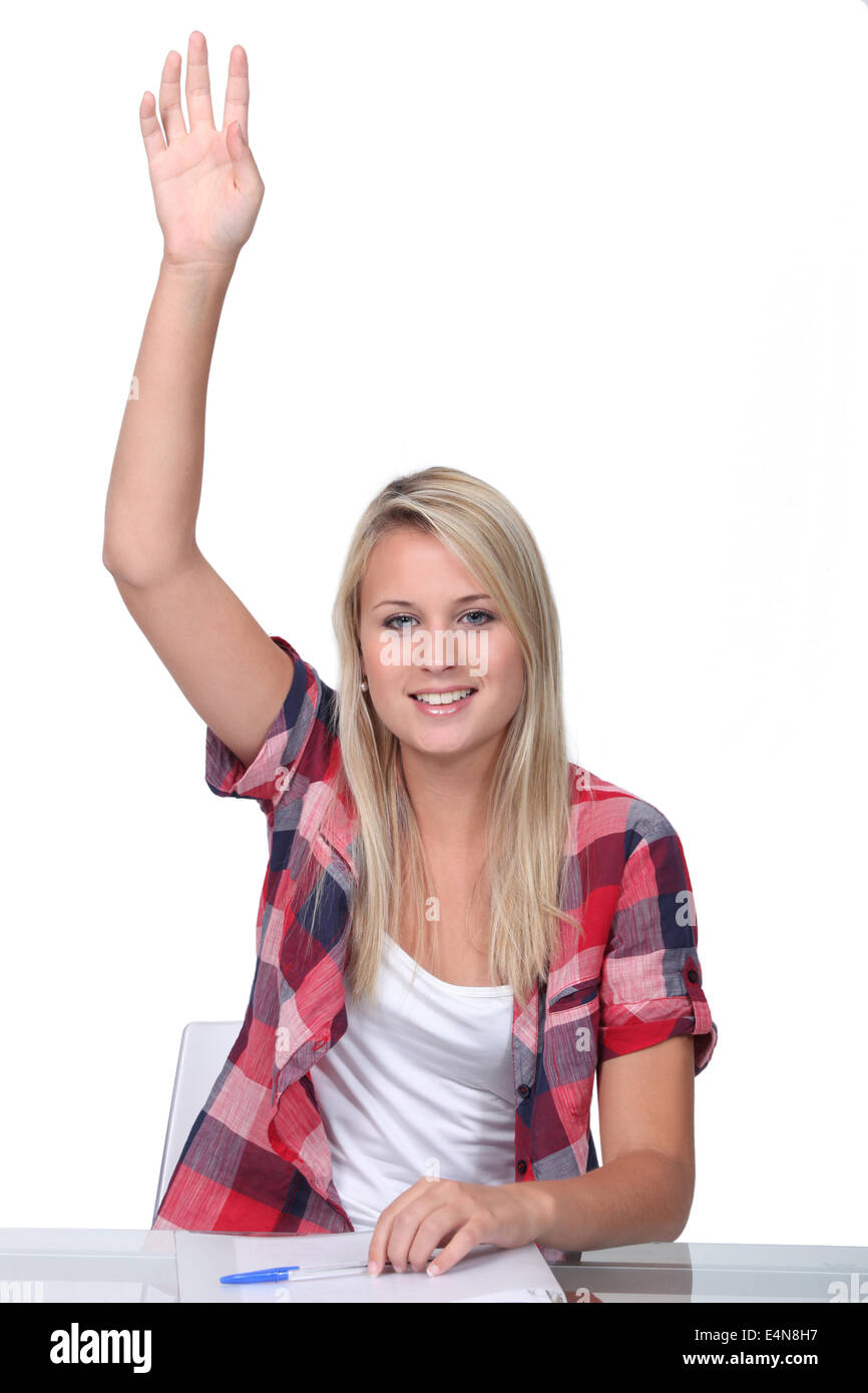Student with hand up Stock Photo - Alamy