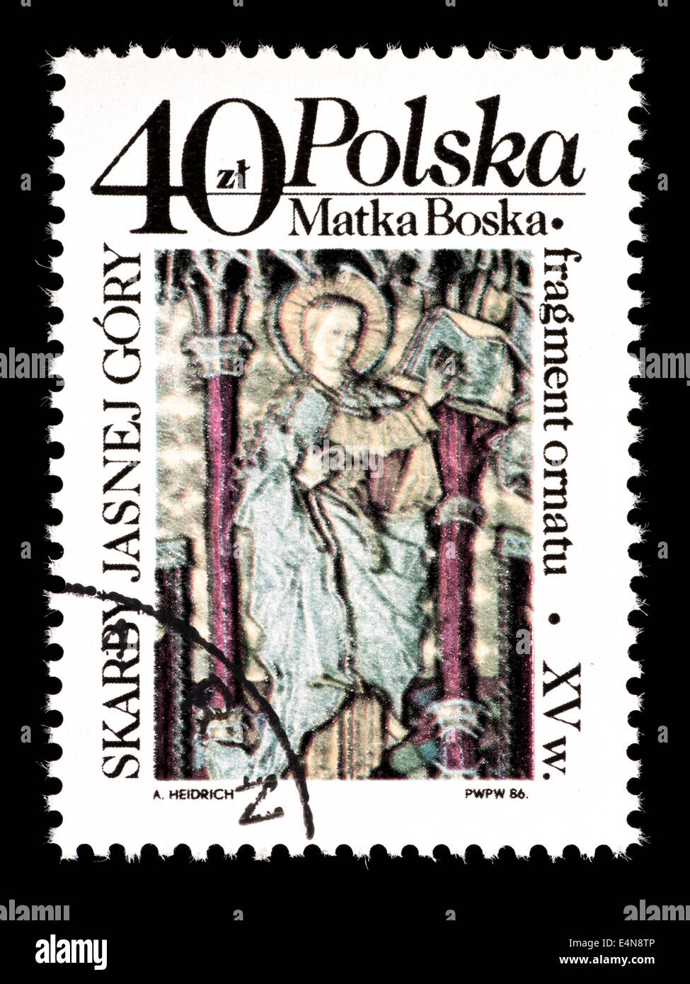 Postage stamp from Poland depicting an embroidery of the Virgin Mary ...