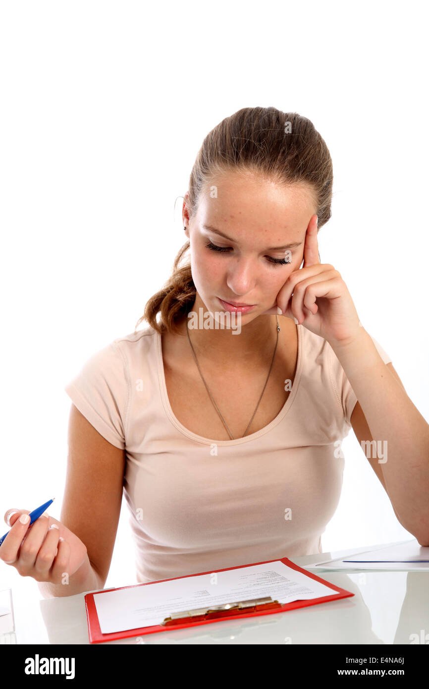 Female student reading test questions Stock Photo - Alamy