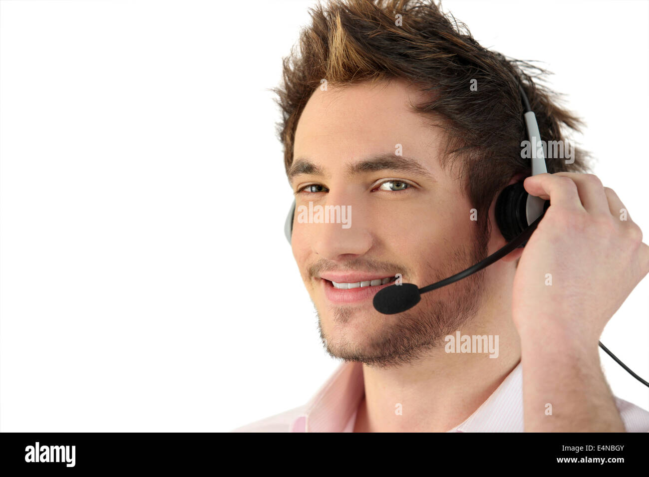 Man wearing telephone head-set Stock Photo - Alamy