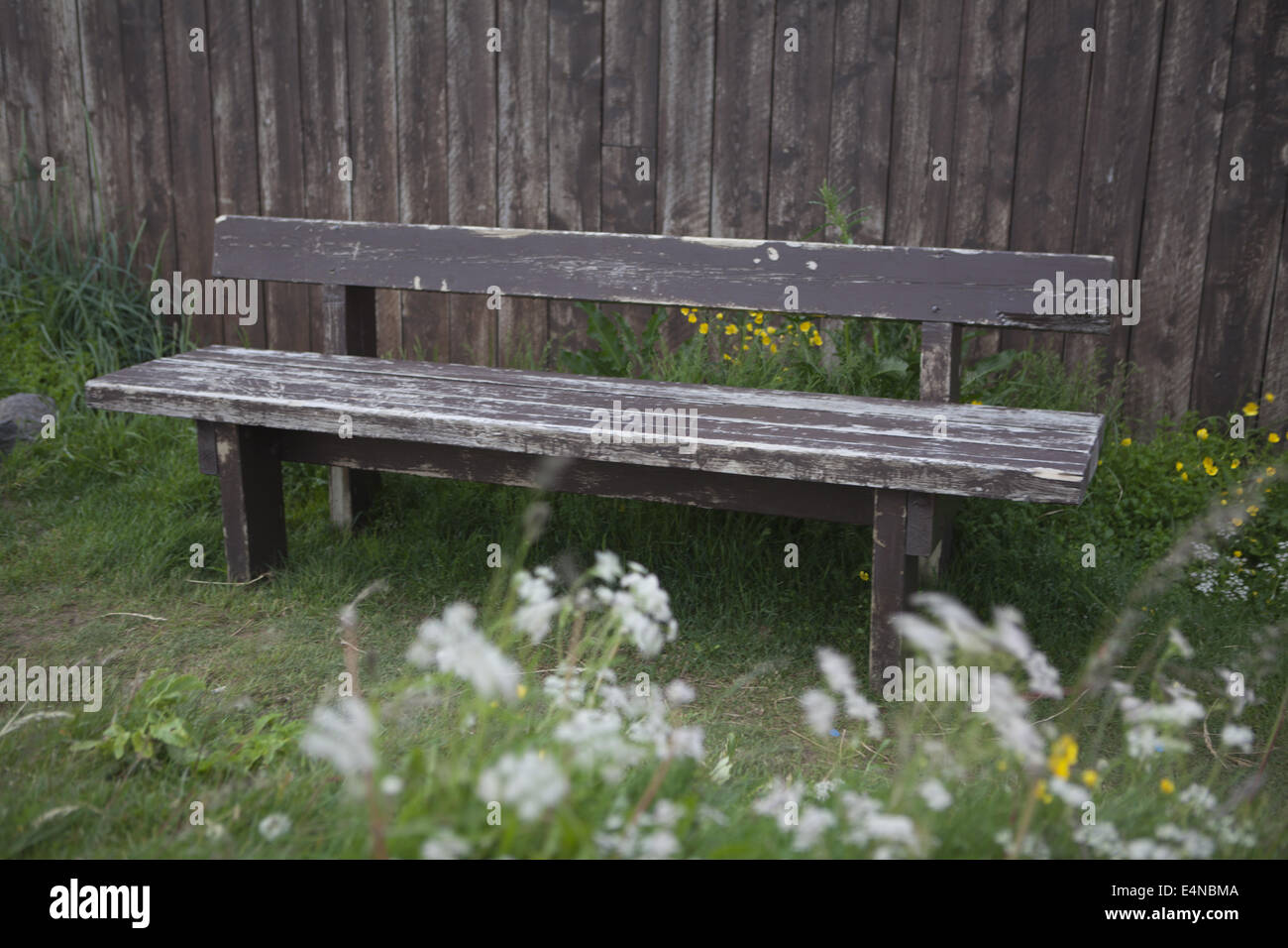 Wooden bench in the garden, Norway Stock Photo - Alamy