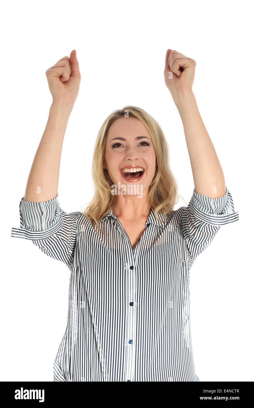 Joyful woman with arms raised Stock Photo - Alamy