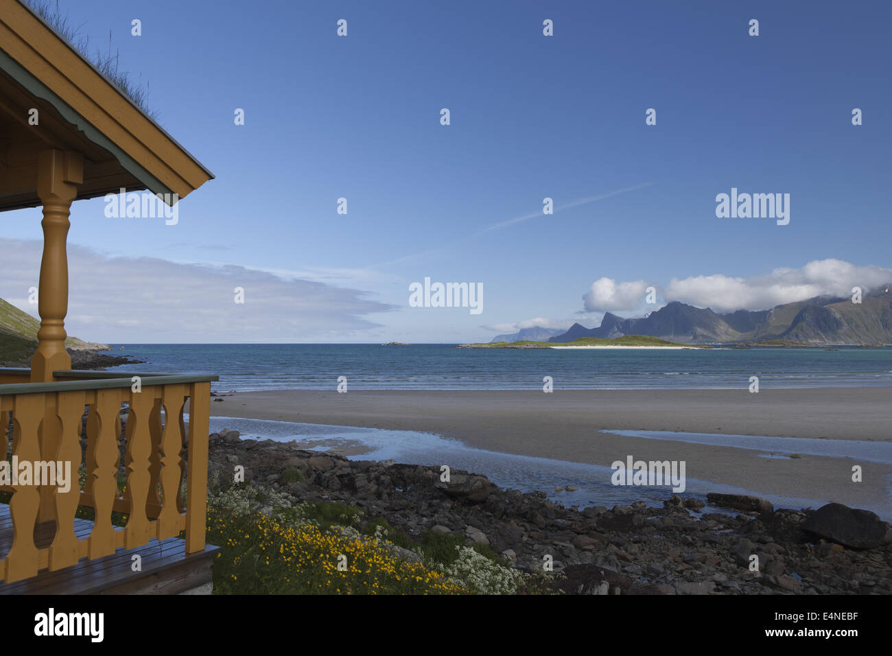 Veranda view beach Krystad, Lofoten islands Stock Photo - Alamy