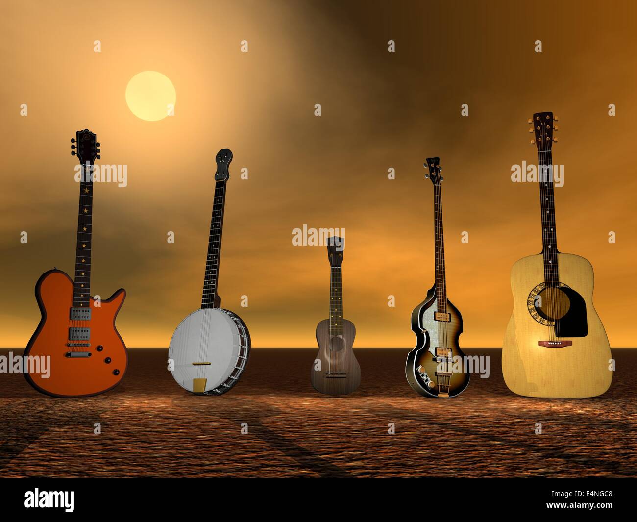 Guitars, banjo and ukulele Stock Photo - Alamy