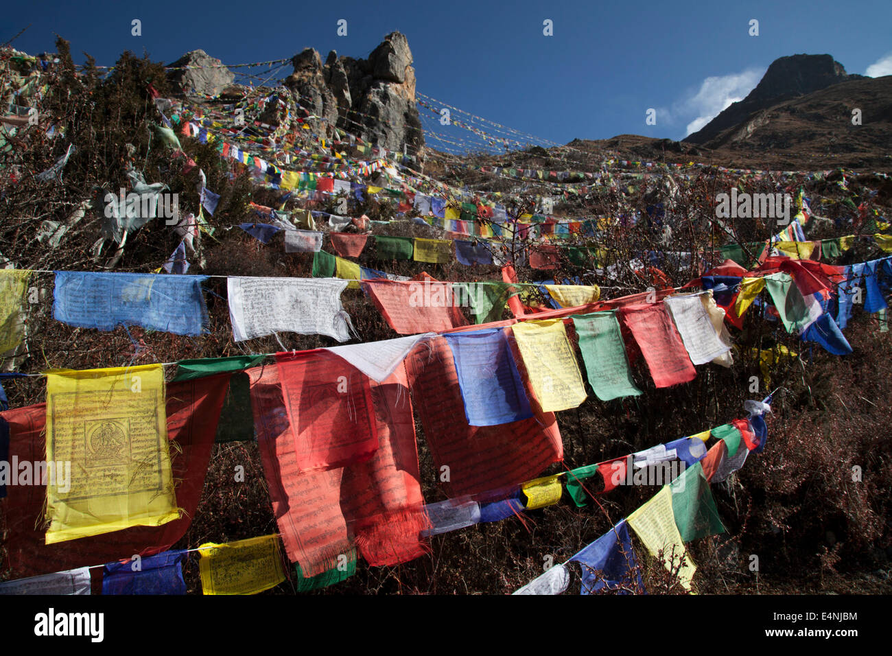 Prayer Flags on hill side at Muktinath Temple, Annapurna, Himalayas ...