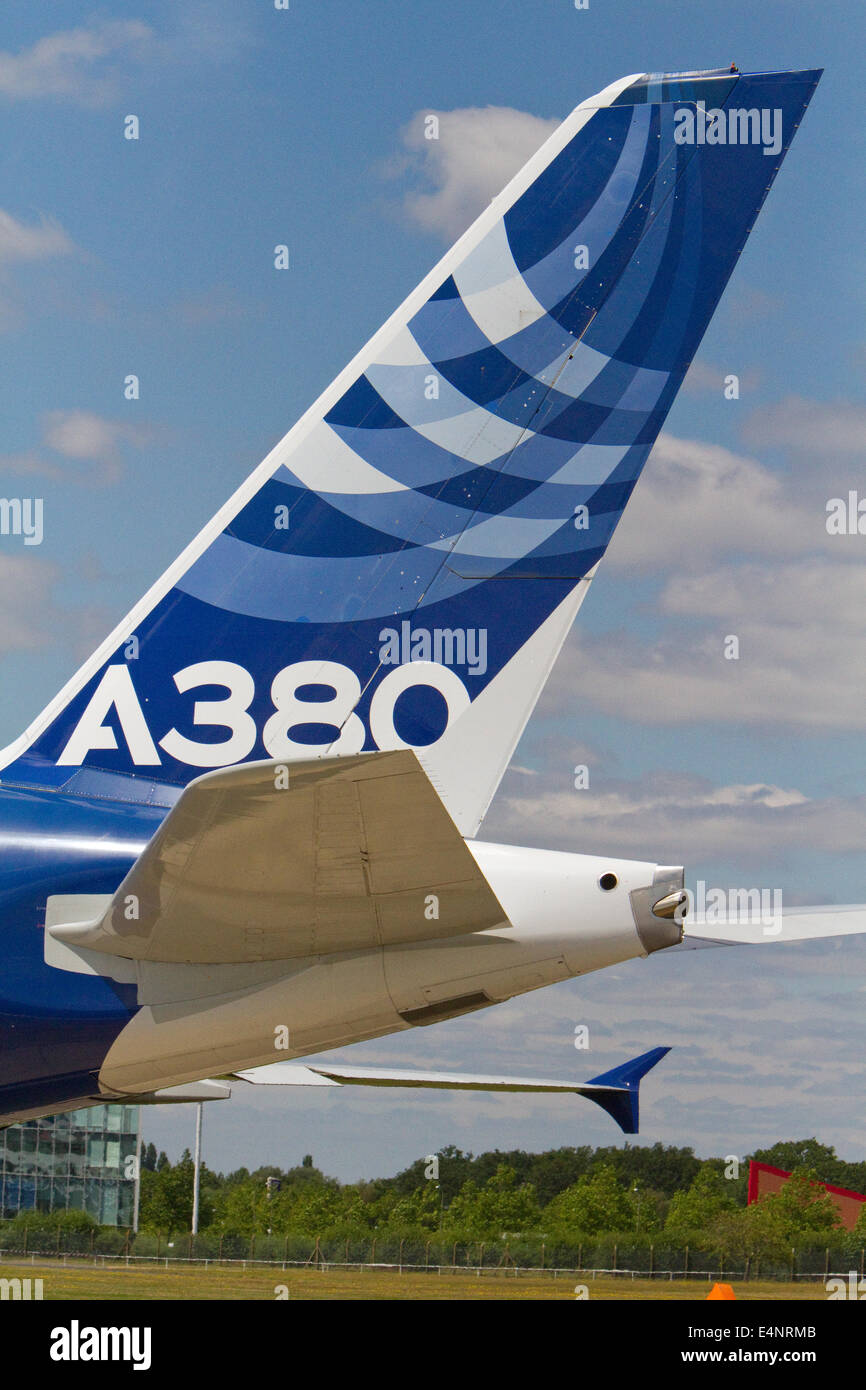 Airbus A380 tail prior to take off at the Farnborough International ...