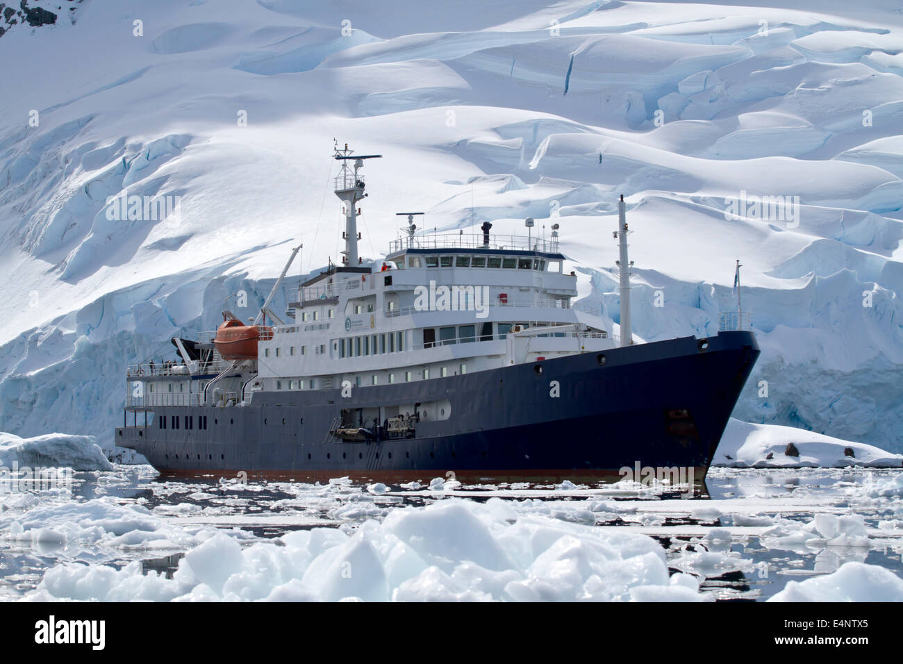 big blue tourist ship in Antarctic waters against the backdrop of ...