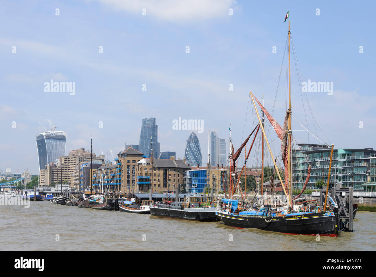 Thames Barges moored on the north side of teh River Thames Stock Photo ...