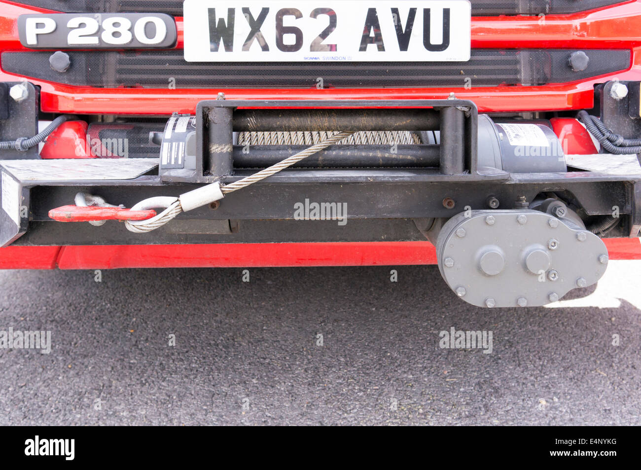 Winch with steel cable mounted on the front of UK fire brigade ...