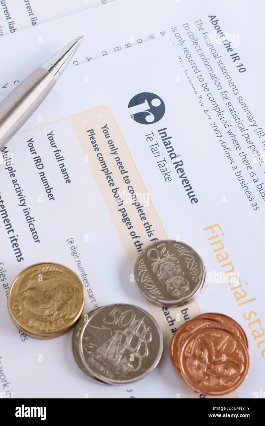 New Zealand Tax concept annual IR10 tax form with New Zealand coins ...