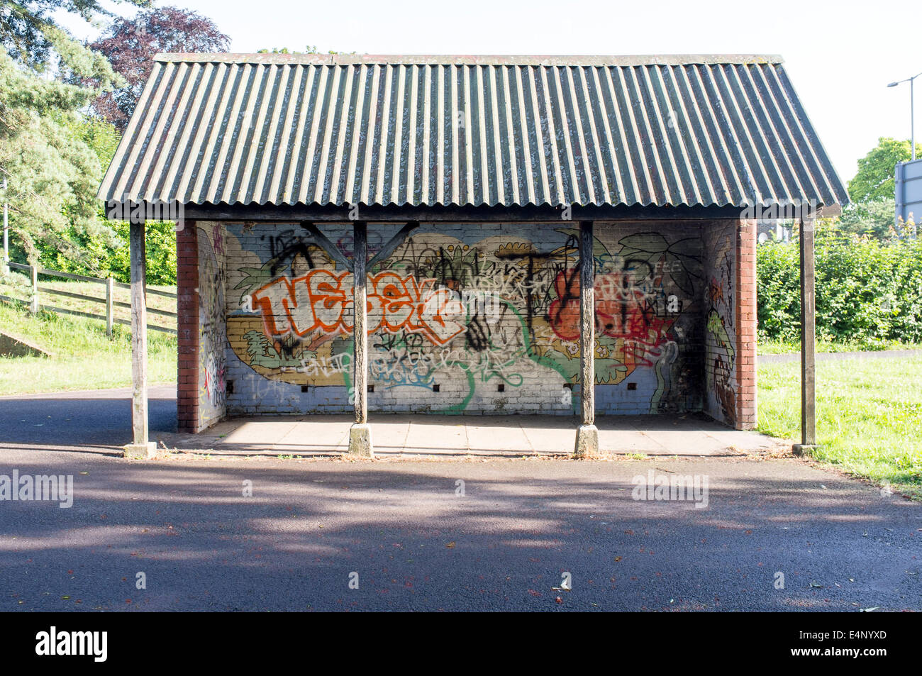 Graffiti covered wall of public park shelter UK Stock Photo - Alamy
