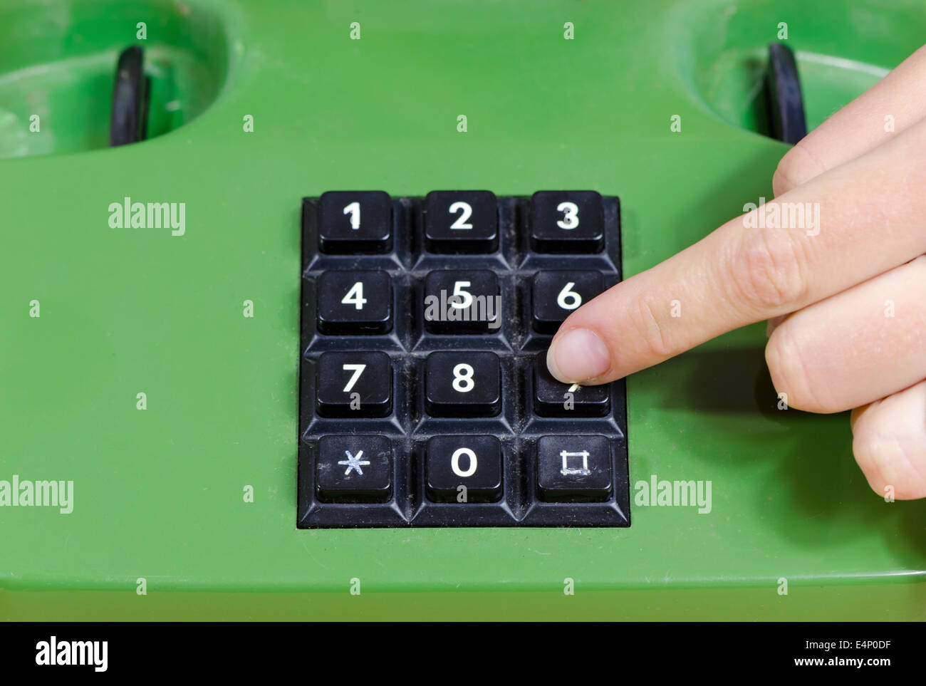 Human fingers press buttons with numbers on old retro telephone ...