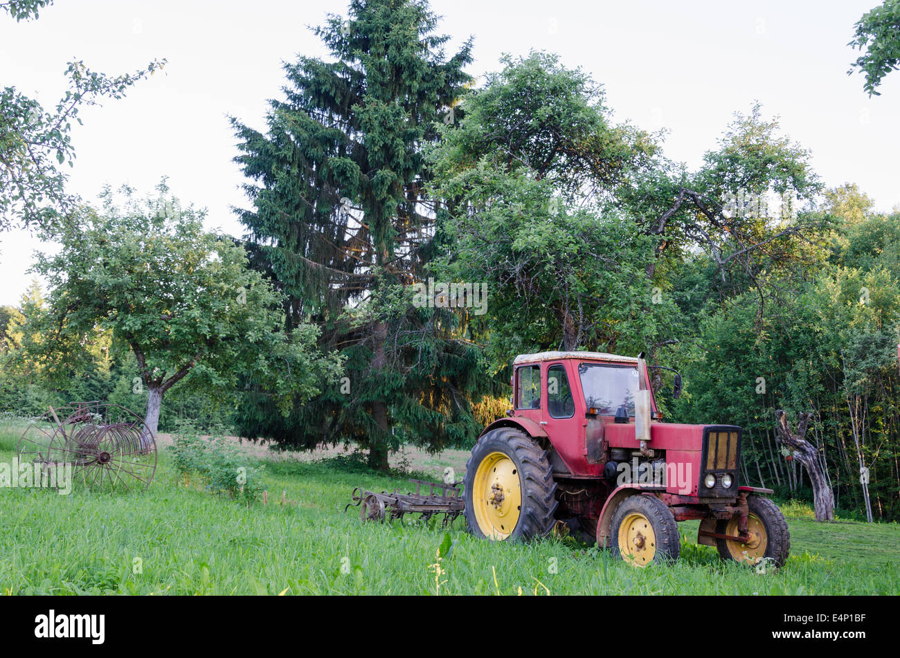 rustic old farm tractor in summer garden nature Stock Photo - Alamy