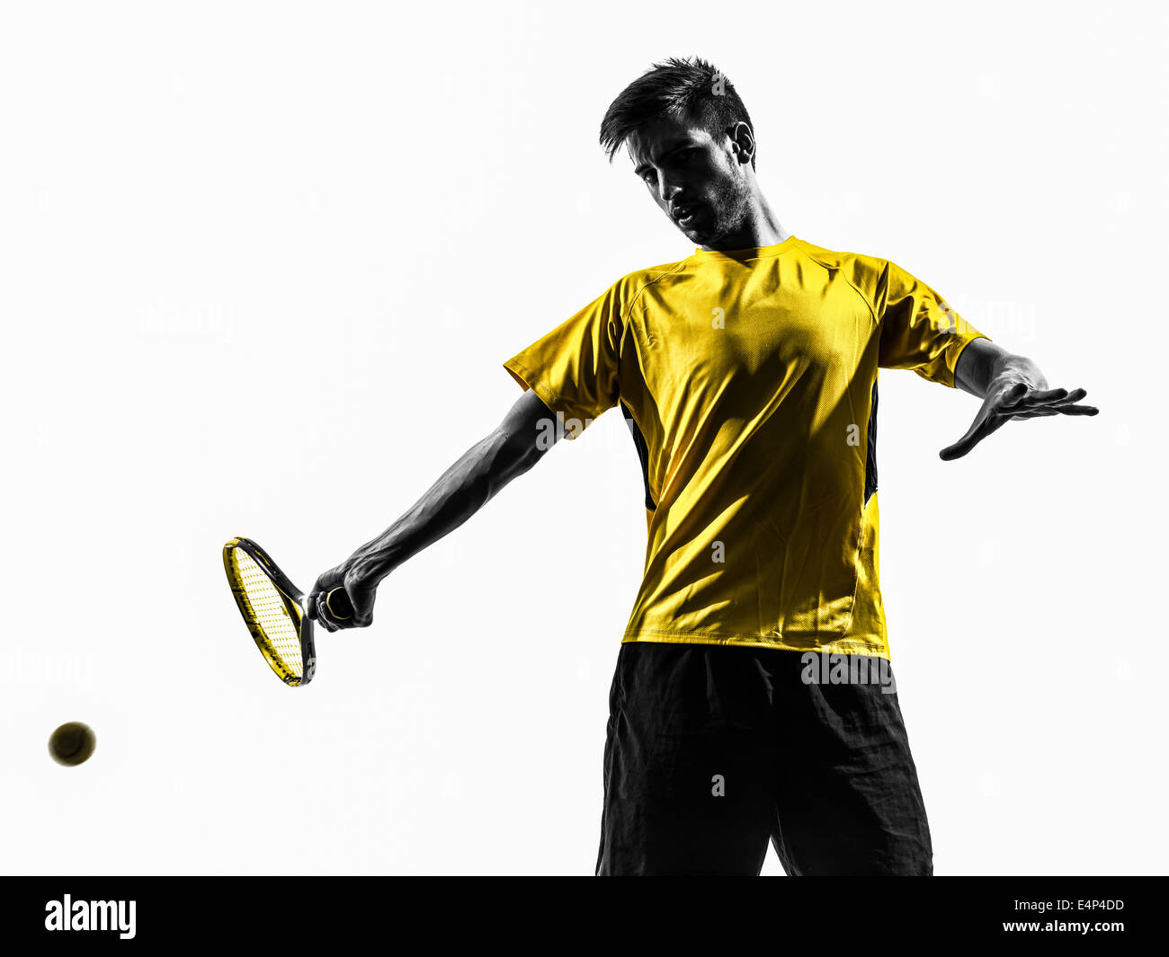 one man tennis player portrait in silhouette on white background Stock ...
