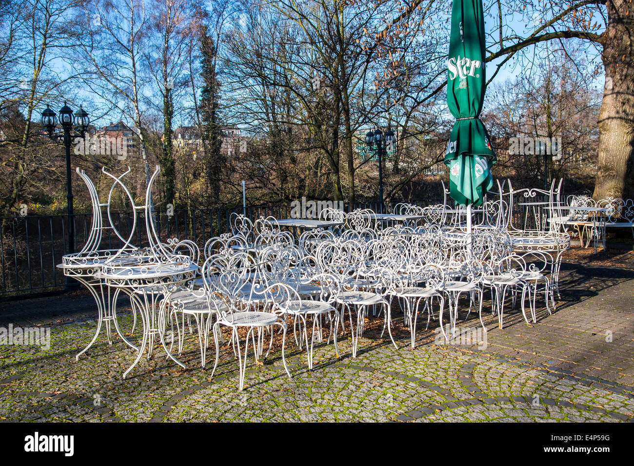 Winter break, tables and chairs in a cafe stacked, Terrace Stock Photo ...