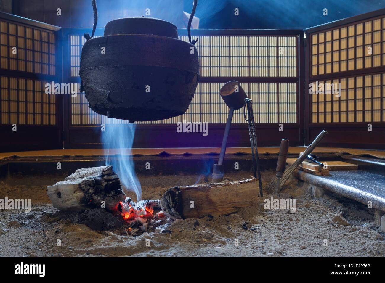 Indoor Cooking Fire and Pot in Traditional Japanese House Stock Photo ...